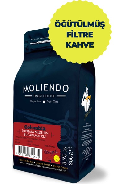 Moliendo Colombia Supremo Medellin Bucaramanga Yöresel Kahve ( Öğütülmüş Filtre Kahve ) 250 gr Moliendo Colombia Supremo Medellin Bucaramanga Yöresel Kahve ( Öğütülmüş Filtre Kahve ) 250 gr