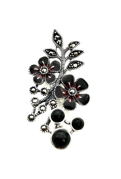 Ebrar Gümüş Çiçek Kadın Broş 925 Ayar Gümüş Siyah Taşlı ve Siyah Mineli Çiçek Figürlü Kadın Broş