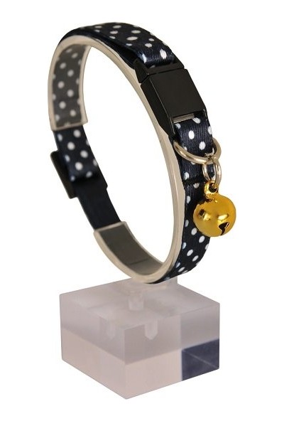 Pet Tag Art Siyah Beyaz Puantiyeli Güvenlik Kilitli Ayarlanabilir Yumuşak Doku Kedi Boyun Tasması 22-30 cm