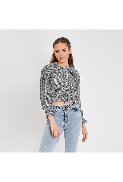 Limon X Yakası Fır Fır Detaylı Kare Desenli Gömlek
