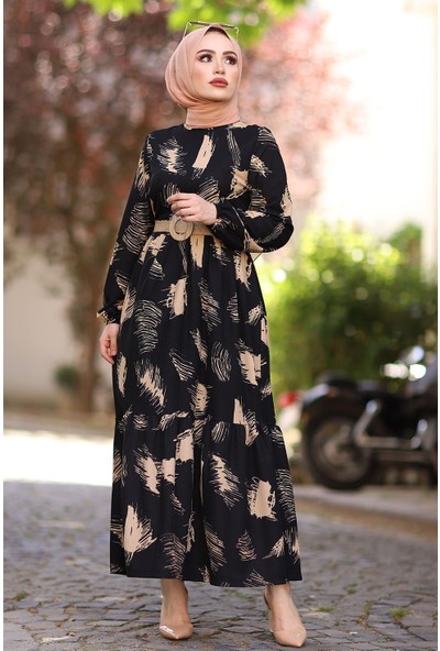 İlkimay Fırça Desen Kemerli Elbise - Siyah
