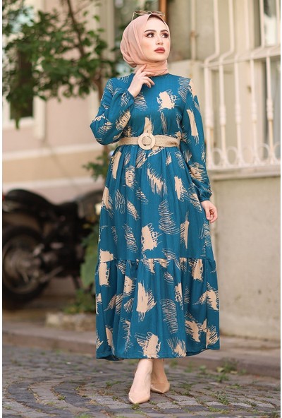 Bestenur Fırça Desen Kemerli Elbise - Indigo