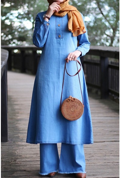 Bestenur Arkası Düğmeli Ikili Kot Takım - Açık Mavi