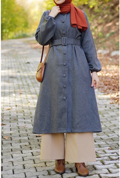 Bestenur Kemerli Boydan Düğmeli Kap - Antrasit