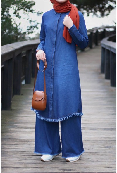 İlkimay Gizli Patlı Uzun Kot Tunik - Mavi