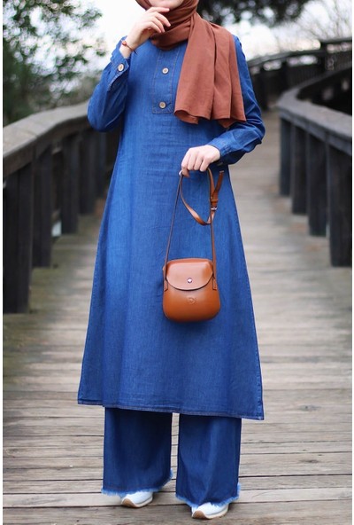 Bestenur Arkası Düğmeli Uzun Kot Tunik - Koyu Mavi