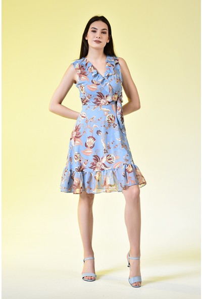 Avver Kadın Desenli Eteği ve Yakası Fırfırlı Yandan Bağlamalı Kruvaze Elbise