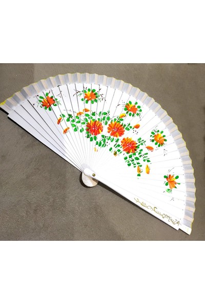 Çıpacı Hediyelik Çift Taraflı Desenli Bambu Yelpaze Beyaz