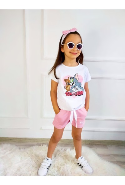 Harika Kids Kız Çocuk Tom ve Jerry Desen Şortlu Takım (Bandana Dahil-Çift Baskılı)