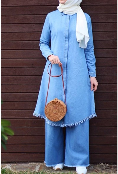 Bestenur Gizli Patlı Uzun Kot Tunik - Açık Mavi