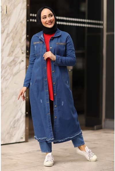 Bestenur Cepleri Pul Detaylı Uzun Kot Ceket - Mavi