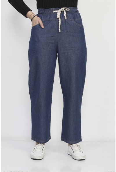 Bestenur Düz Paça Beli Lastikli Kot Pantolon - Koyu Mavi