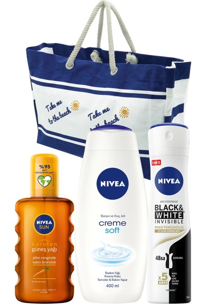 Nivea Karoten Özlü Yoğun Bronzlaştırıcı Sprey Güneş Yağı 200 ml + Creme Soft 400 ml Kadın Duş Jeli + B&w Ipeksi Pürüzsüzlük 150 Ml+ Plaj Çantası Nivea Karoten Özlü Yoğun Bronzlaştırıcı Sprey Güneş Yağı 200 ml + Creme Soft 400 ml Kadın Duş Jeli + B&w Ipeksi Pürüzsüzlük 150 Ml+ Plaj Çantası