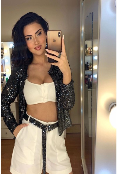 Ewa Moda Payet Ceket & Kemer & Atlas Şort Takım