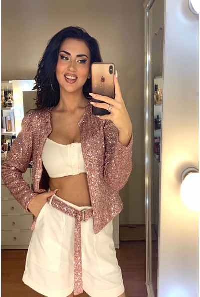Ewa Moda Payet Ceket & Kemer & Atlas Şort Takım