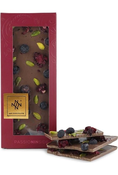 Nin Chocolate Yaban Mersini-Framuaz-Antep Fıstığı Çikolata Rüyası Sütlü Tablet Çikolata 119G Nin Chocolate Yaban Mersini-Framuaz-Antep Fıstığı Çikolata Rüyası Sütlü Tablet Çikolata 119G