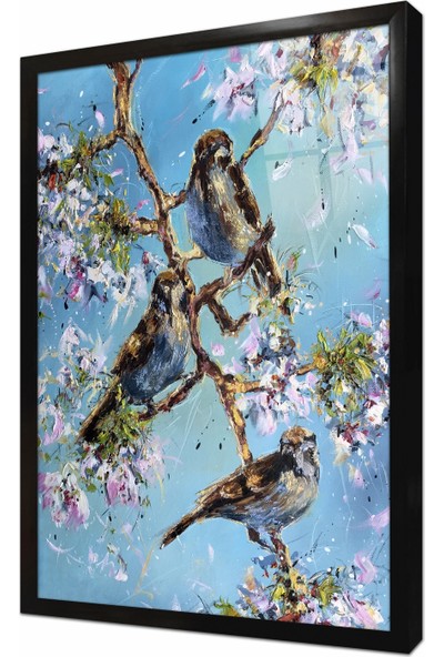 Tablosan Bahar Dallarında Kuşlar Çerçeveli Cam Tablo