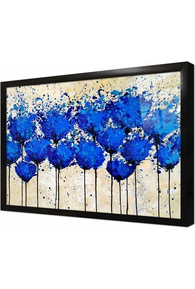 Tablosan Mavi Çiçekler Çerçeveli Cam Tablo