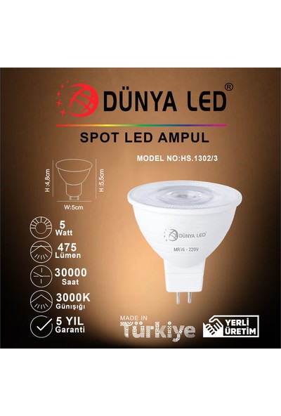 Dünya LED HS.1302/3 5W MR16 LED Spot G-4 3000K Günışığı