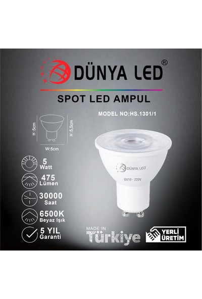 Dünya LED HS.1301/1 5W LED Spot GU10 6500K Beyaz Işık Dünya LED HS.1301/1 5W LED Spot GU10 6500K Beyaz Işık