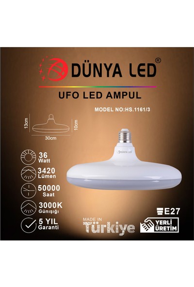 Dünya LED HS.1161/3 36W Ufo Tipi LED Ampul E-27 3000K Günışığı Dünya LED HS.1161/3 36W Ufo Tipi LED Ampul E-27 3000K Günışığı