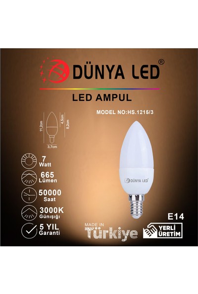 Dünya LED HS.1215/3 7W E-14 LED Buji Ampul 3000K Günışığı Dünya LED HS.1215/3 7W E-14 LED Buji Ampul 3000K Günışığı