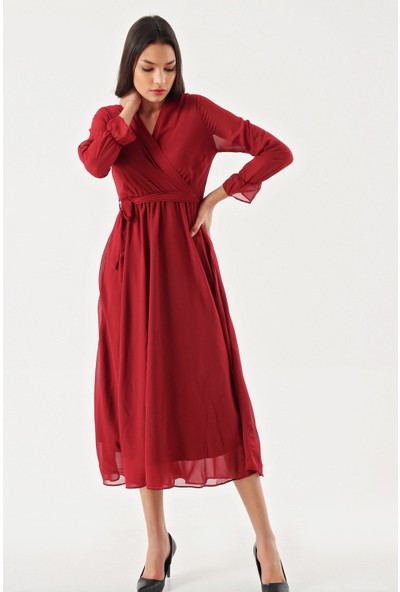 Selectviva Bordo Şifon Midi Boy Elbise