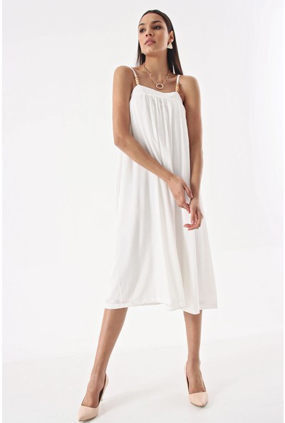 Selectviva Beyaz Boncuk Detay Ip Askılı Elbise