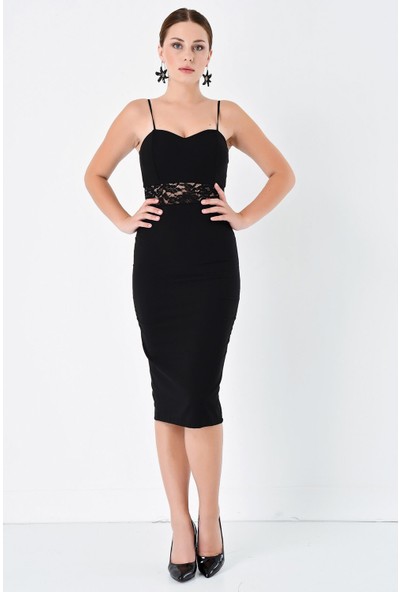 Siyah Güpür Detaylı Kalem Elbise