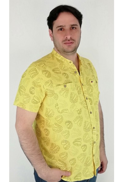 Tousus Kısa Kol Sarı Yaprak Desenli Keten Erkek Gömlek KK-18030-TSS
