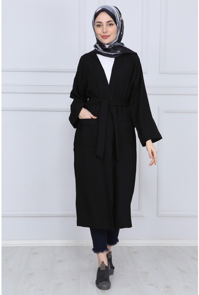 İlmek Moda Kadın Siyah Kuşaklı Hırka 5301