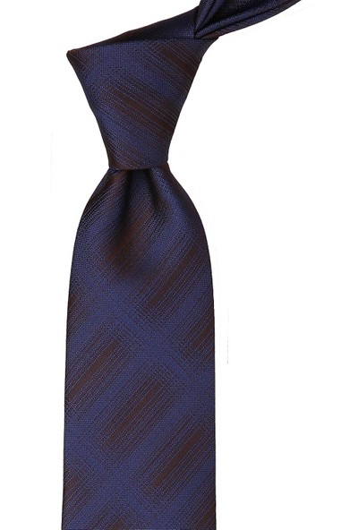 Kravatkolik Kahve - Lacivert Kendinden Desen Mendilli Klasik Kravat KK9450