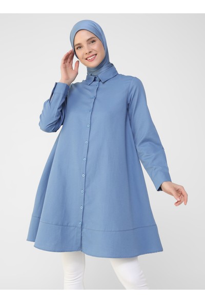 Oxford Kumaştan Düğmeli Mevlana Gömlek - Indigo - Refka Basic Oxford Kumaştan Düğmeli Mevlana Gömlek - Indigo - Refka Basic