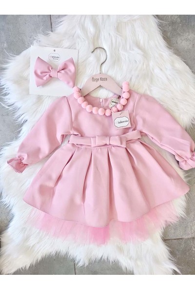 Ponpon Yaka Kız Bebek Elbise /Toka Hediyeli