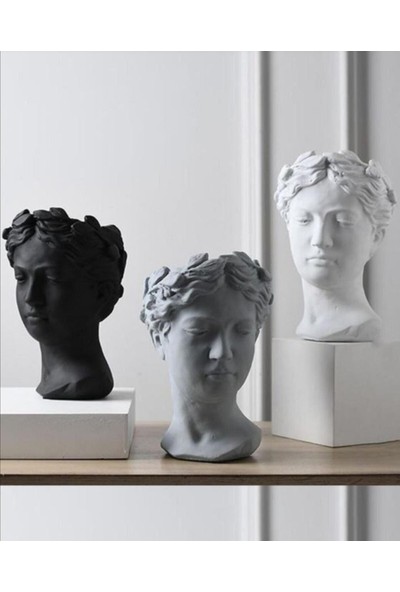 Beriş Bahçem Dekor Antik Helen Antrasit Büst Saksı 3'lü Set 15 cm