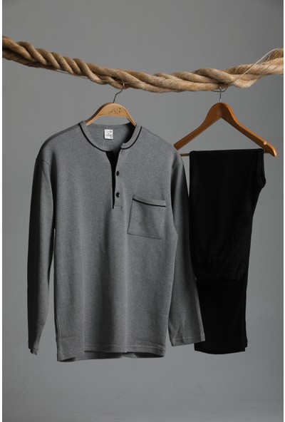 Pijama Denizi Interlok Uzun Kollu Pijama Takımı Gri-Siyah Renk Cepli