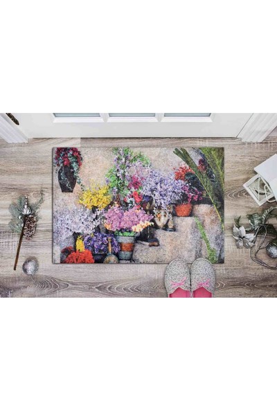 Ibsalpin Bayrak Çiçek Desenli Dijital Baskılı Kaymaz Taban Paspas