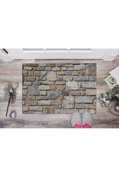 Ibsalpin Bayrak Taş Desenli Dijital Baskılı Kaymaz Taban Paspas