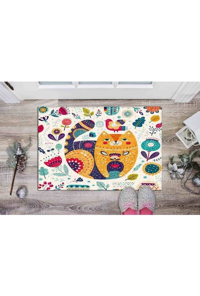 Ibsalpin Bayrak Kedi Desenli Dijital Baskılı Kaymaz Taban Paspas