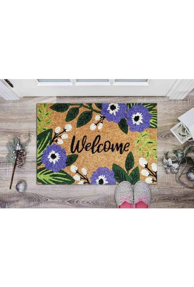 Ibsalpin Bayrak Mor Çiçek Desenli Dijital Baskılı Kaymaz Taban Paspas