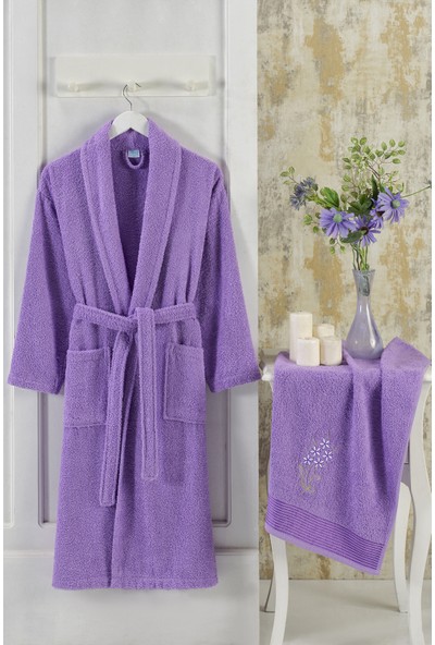 Semecca Nakışlı Havlu ve Bornoz Seti - Eflatun Semecca Nakışlı Havlu ve Bornoz Seti - Eflatun