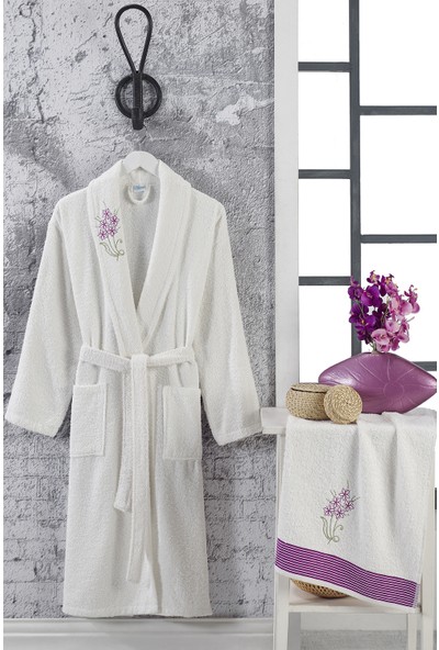 Semecca Nakışlı Havlu ve Bornoz Seti - Ekru Semecca Nakışlı Havlu ve Bornoz Seti - Ekru