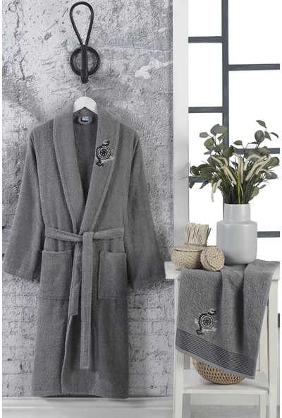 Semecca Nakışlı Havlu ve Bornoz Seti - Antrasit Semecca Nakışlı Havlu ve Bornoz Seti - Antrasit