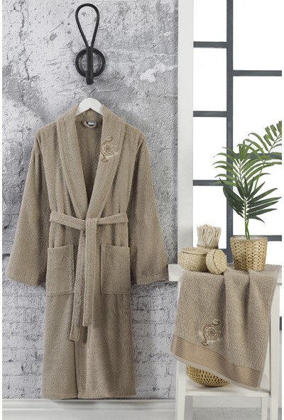 Semecca Nakışlı Havlu ve Bornoz Seti - Kahverengi Semecca Nakışlı Havlu ve Bornoz Seti - Kahverengi