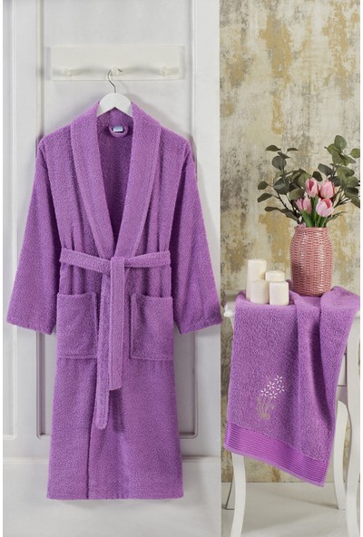 Semecca Nakışlı Havlu ve Bornoz Seti - Mor Semecca Nakışlı Havlu ve Bornoz Seti - Mor