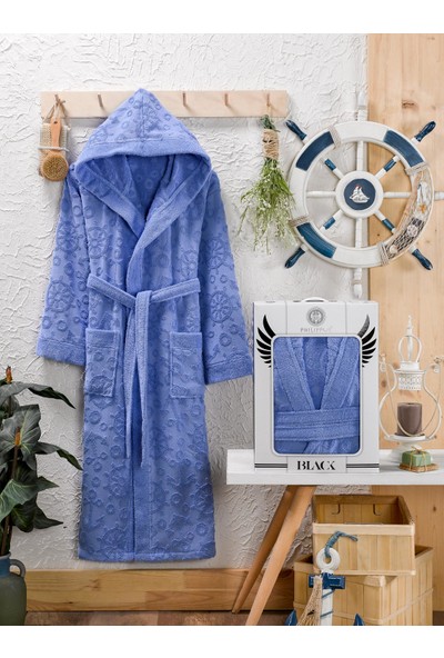 Philippus Berbera Erkek Kapşonlu Kutulu Bornoz Mavi