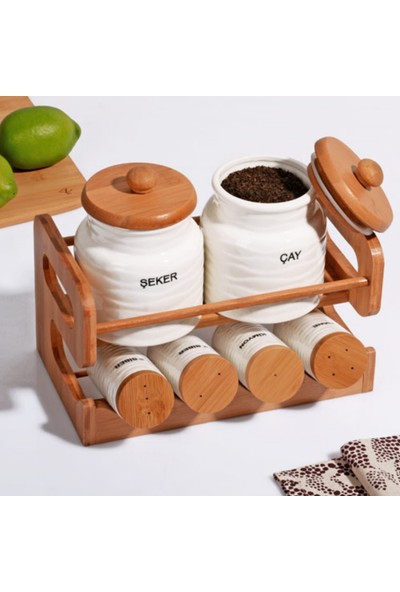 Osso 6' Lı Bambu Kapaklı Standlı Porselen Kavanoz Baharatlık Takımı Seti