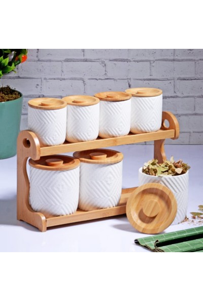 Osso 7' Li Bambu Raflı Porselen Kavanoz Baharat Takımı Seti