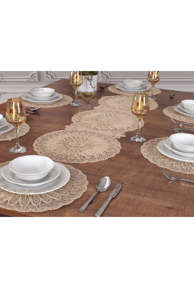 Tropik Home Amerikan Servis Supla ve Runner Seti 6 Kişilik Set Nakışlı Venezia Bej 7 Parça Çeyizlik Masa ve Sunum Takımı