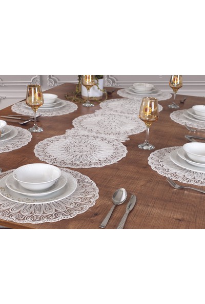 Tropik Home Amerikan Servis Supla ve Runner Seti 6 Kişilik Set Nakışlı Venezia Beyaz 7 Parça Çeyizlik Masa ve Sunum Takımı